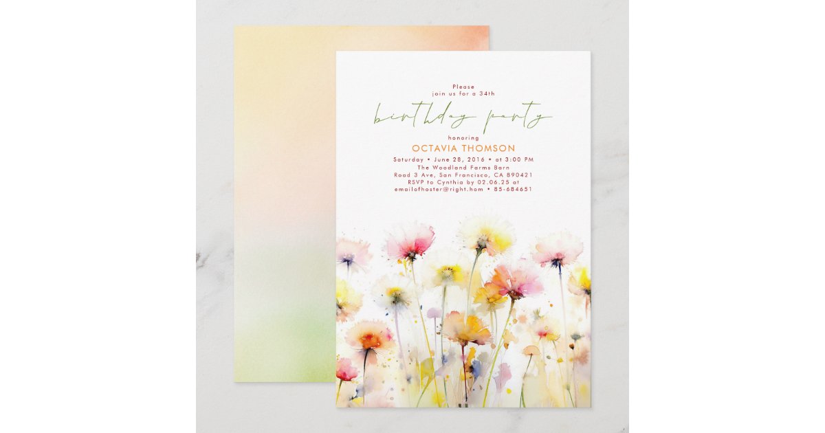 Wildflowers Blooms Elegant Boho Birthday Party Invitation | Zazzle