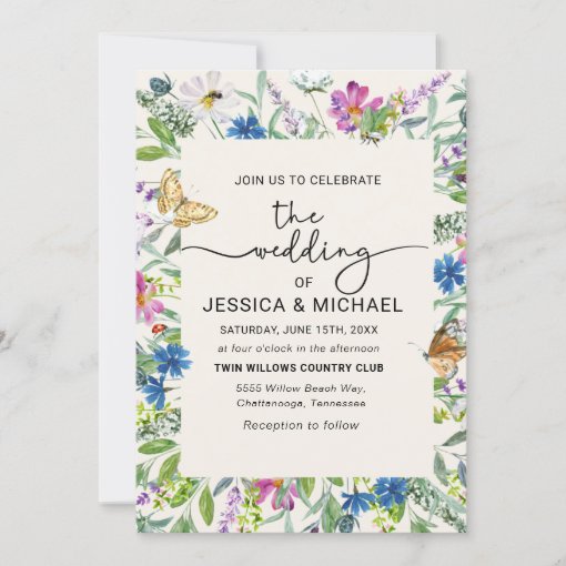 Wildflowers Butterflies Frame Handwritten Invitation | Zazzle