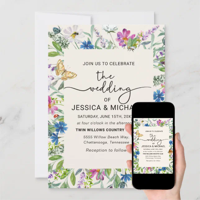 Wildflowers Butterflies Frame Handwritten Invitation | Zazzle