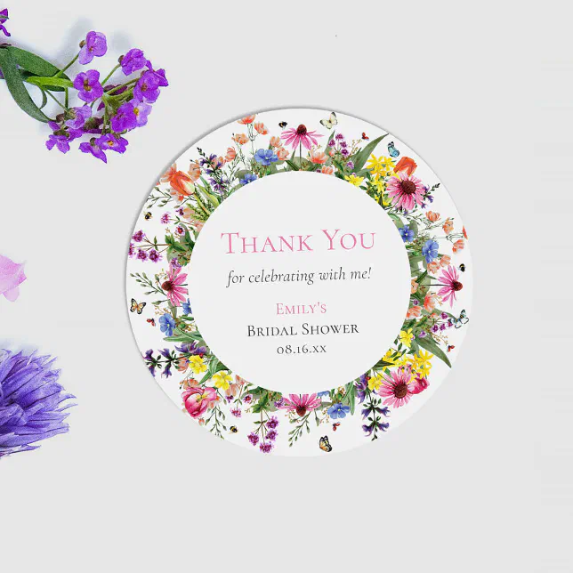 Wildflowers & Butterflies Thank You Classic Round Sticker | Zazzle