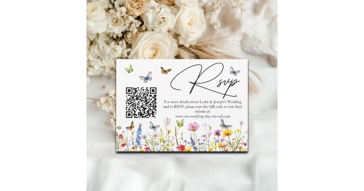 Wildflowers Butterflies Wedding QR Code RSVP Card | Zazzle
