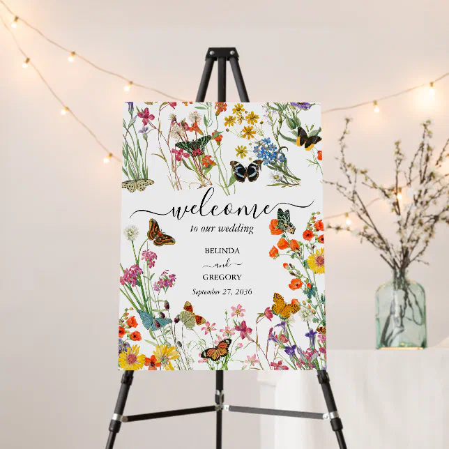 Wildflowers Butterflies Wedding Welcome Sign | Zazzle