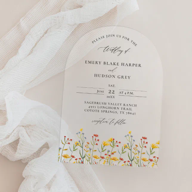 Wildflowers Elegant Modern Arch Clear Wedding Acrylic Invitations | Zazzle