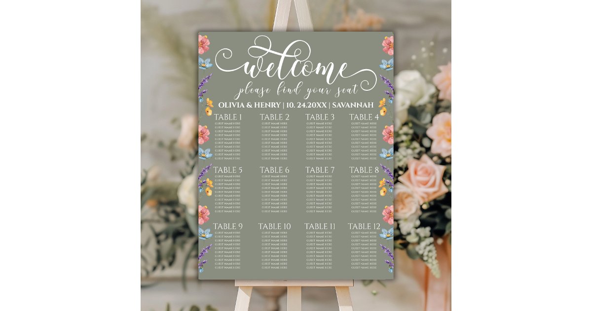 Wildflowers Elegant Sage Wedding Seating Chart Foam Board | Zazzle