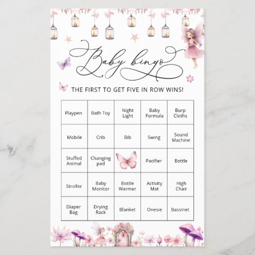 Wildflowers Fairy Cute Baby Shower Bingo Game | Zazzle
