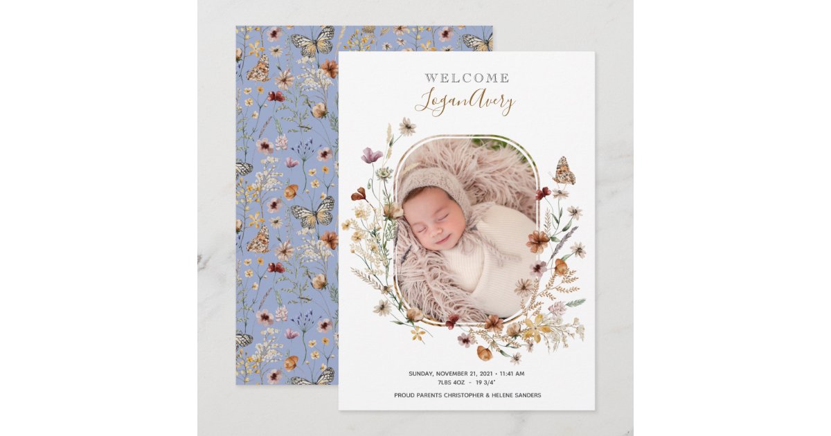 Wildflowers Floral Add Photo New Baby Birth Annou Announcement | Zazzle