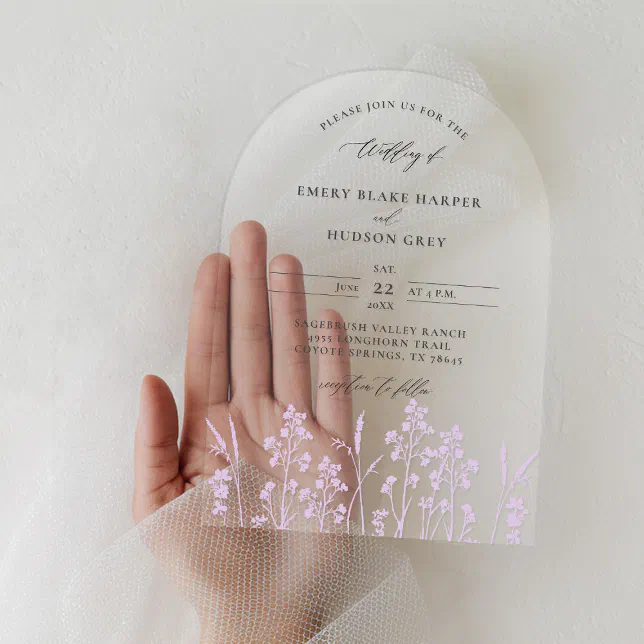 Wildflowers Lavender Ink Modern Arch Clear Wedding Acrylic Invitations | Zazzle