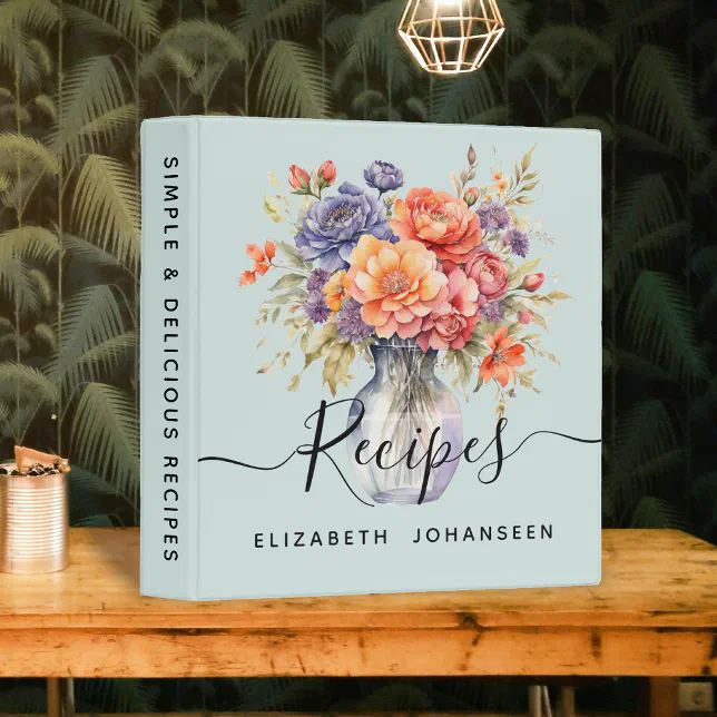 Wildflowers Mason Jar Script Recipe Name Pale Blue 3 Ring Binder | Zazzle