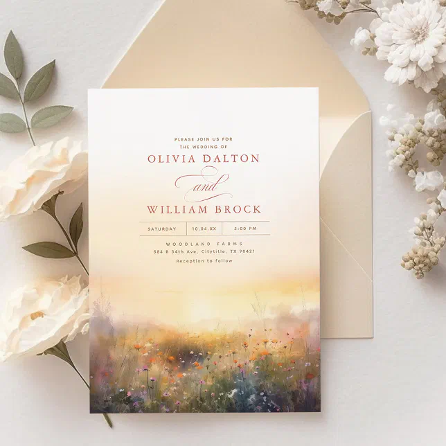 Wildflowers Meadow Earthy Elegant Wedding Invitation | Zazzle