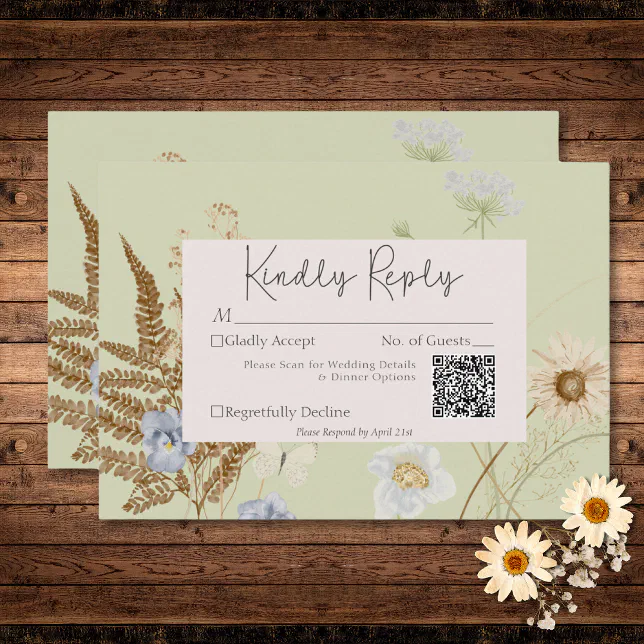 Wildflowers on Light Sage Wedding QR Code RSVP Card | Zazzle
