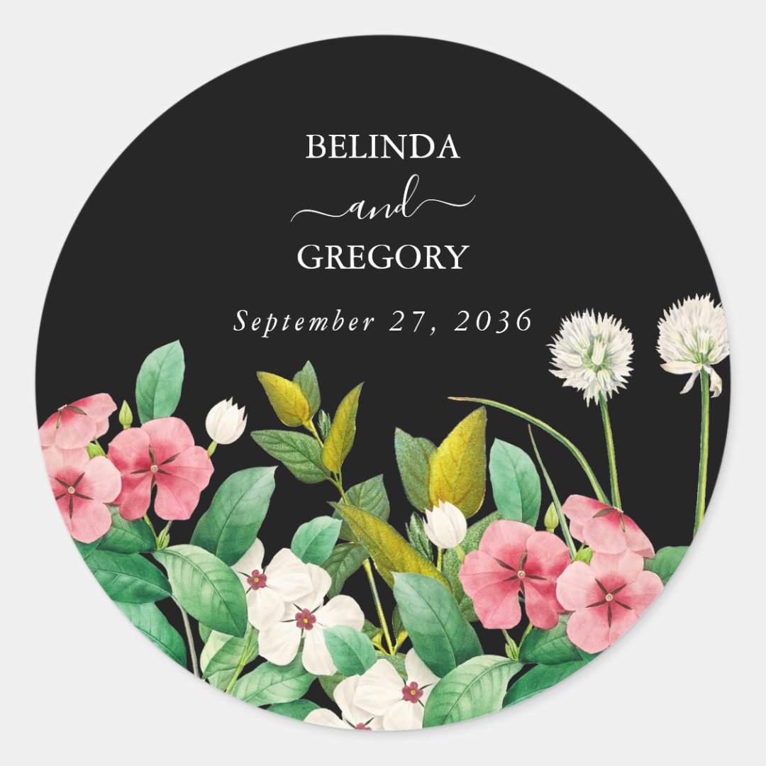 Wildflowers Periwinkle Watercolor Black Wedding Classic Round Sticker ...