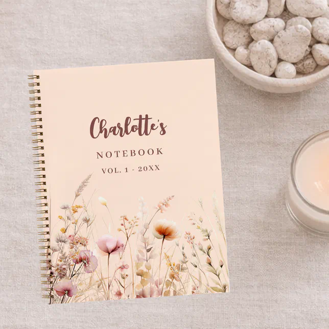 Wildflowers pink peach name script notebook | Zazzle