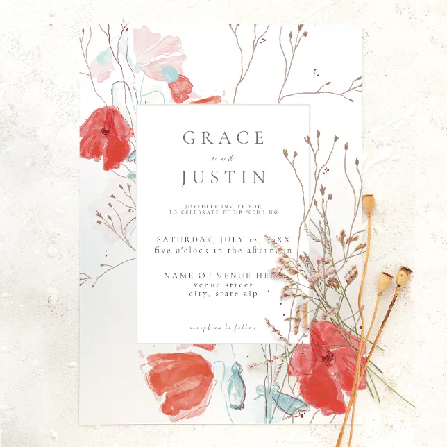 Wildflowers Poppy Wedding Invitation | Zazzle