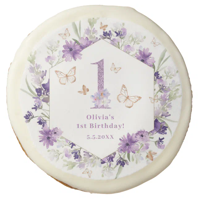 Wildflowers purple Butterfly 1st birthday party Sugar Cookie | Zazzle