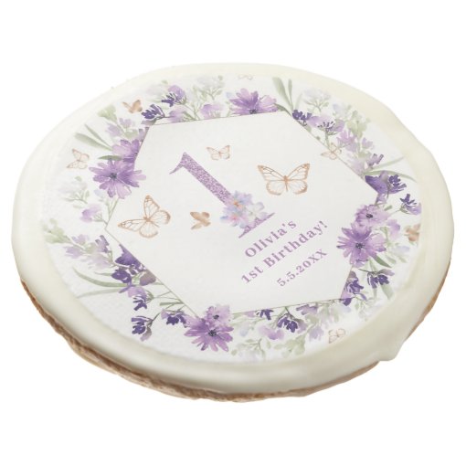 Wildflowers purple Butterfly 1st birthday party Sugar Cookie | Zazzle