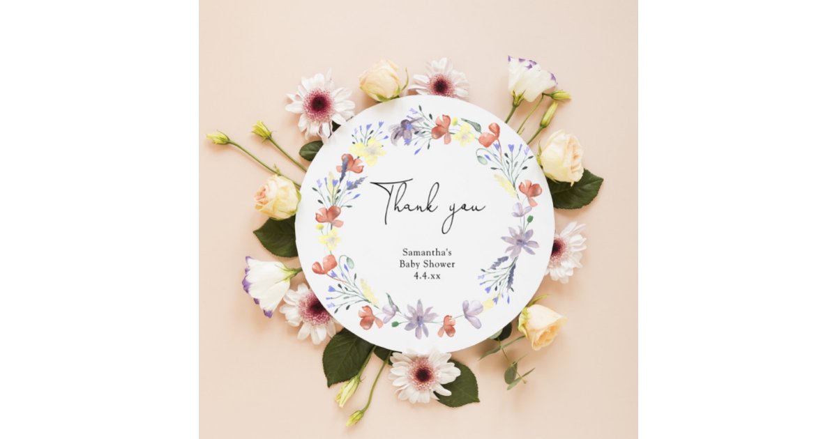 Wildflowers thank you baby shower classic round sticker | Zazzle