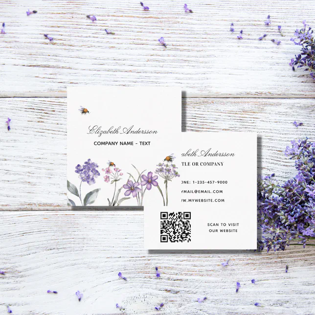Wildflowers violet lavender QR code Square Business Card | Zazzle