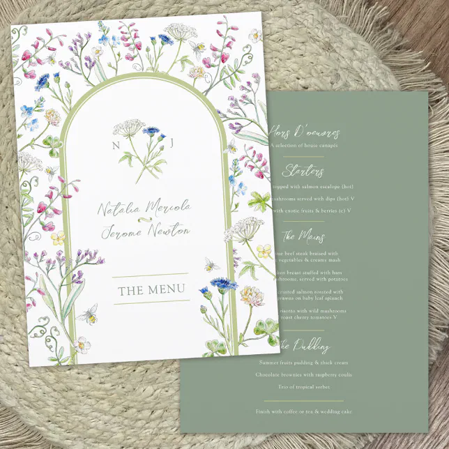 Wildflowers watercolor green wedding Flat Menu | Zazzle