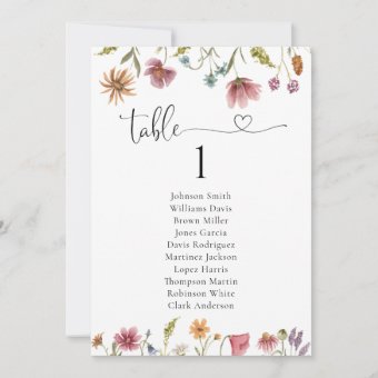 Wildflowers Wedding Table Seating Chart Cards | Zazzle