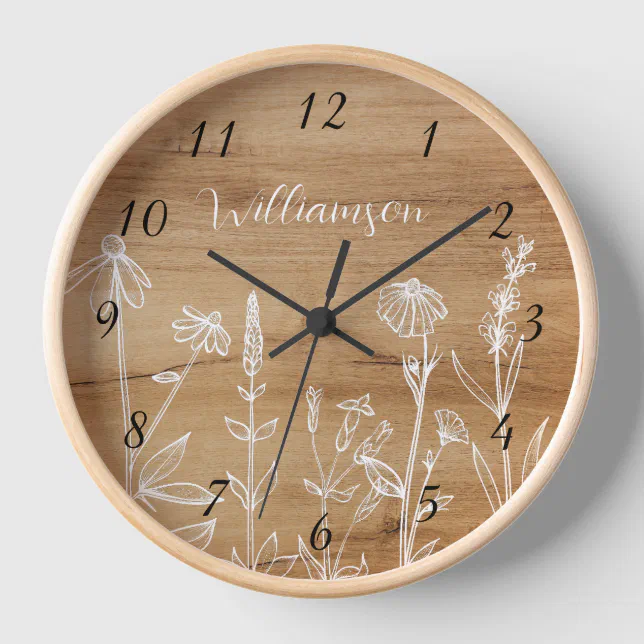Wildflowers Wood Background Rustic Numbers Clock | Zazzle