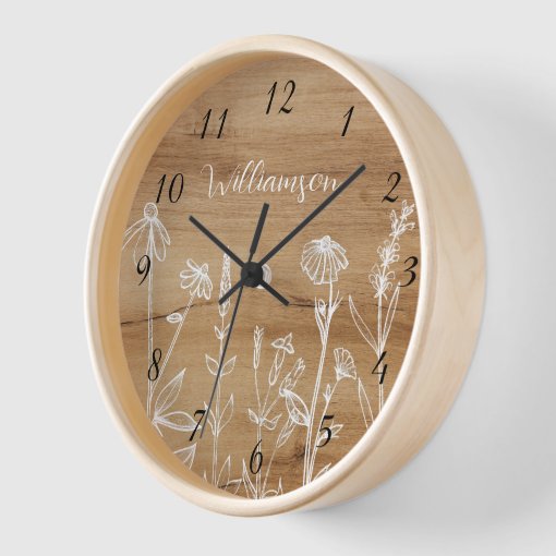 Wildflowers Wood Background Rustic Numbers Clock | Zazzle