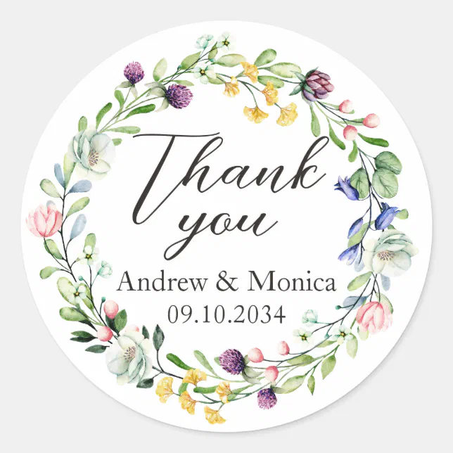 Wildflowers Wreath Wedding Favors Thank You Classic Round Sticker | Zazzle