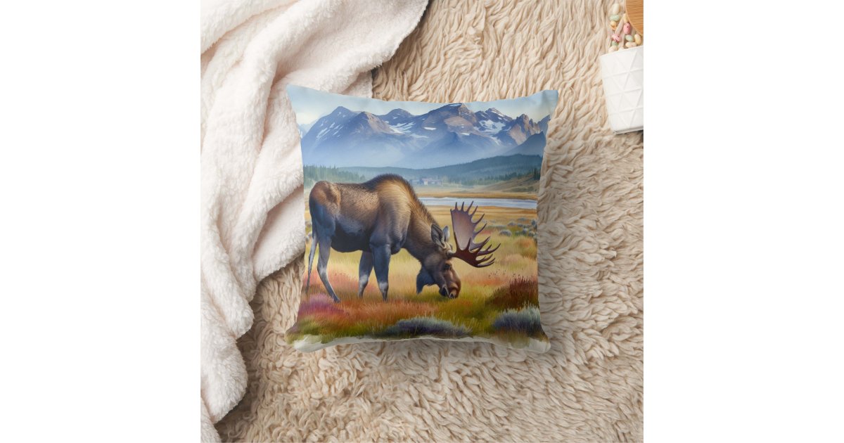 Wildlife Digital Watercolor Moose Throw Pillow | Zazzle