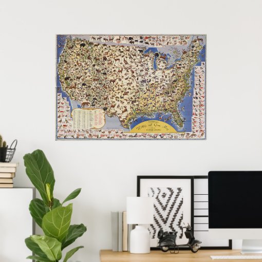 Wildlife & Game Map of the United States Poster | Zazzle