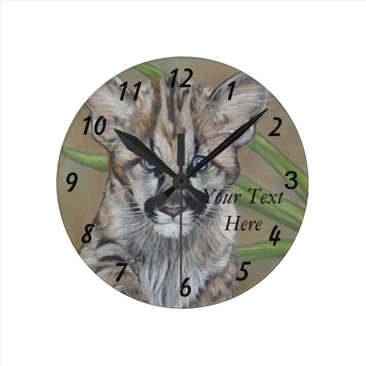 wildlife painting of cute big cat cougar kitten round clock | Zazzle