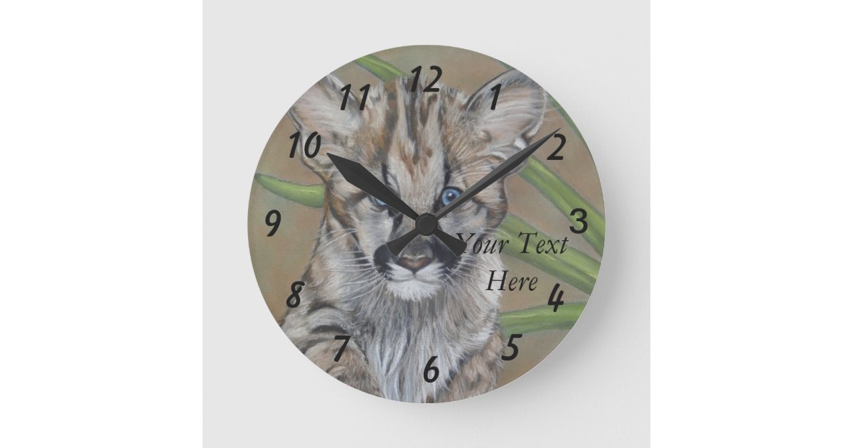 wildlife painting of cute big cat cougar kitten round clock | Zazzle