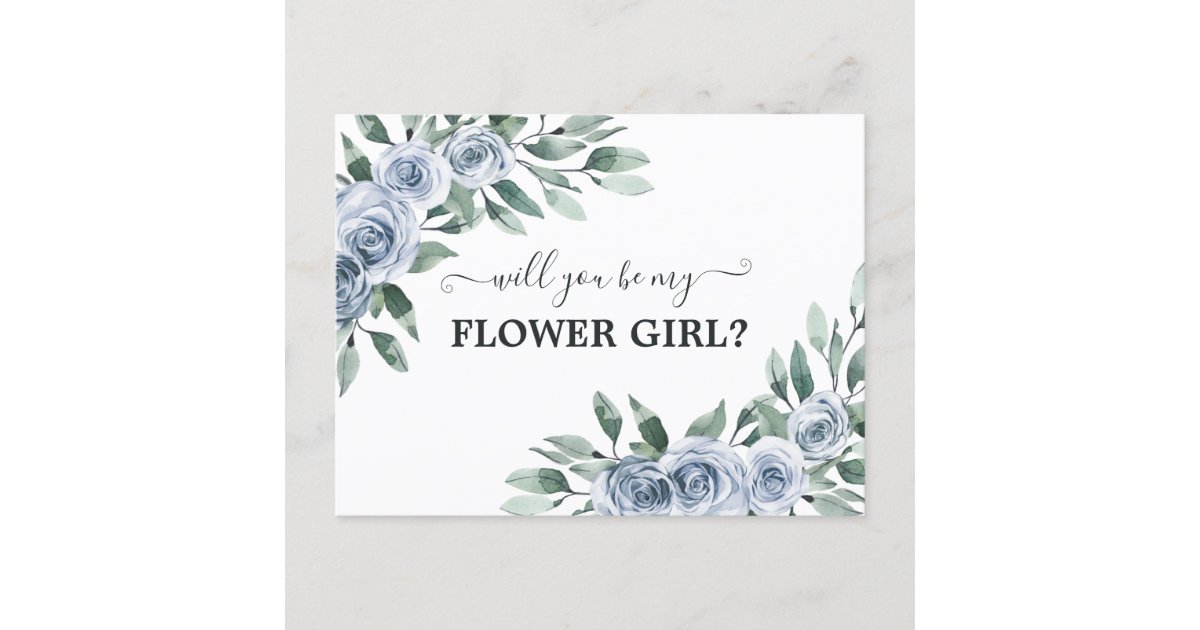 Will You Be My Flower Girl Dusty Blue Rose Floral Postcard Zazzle