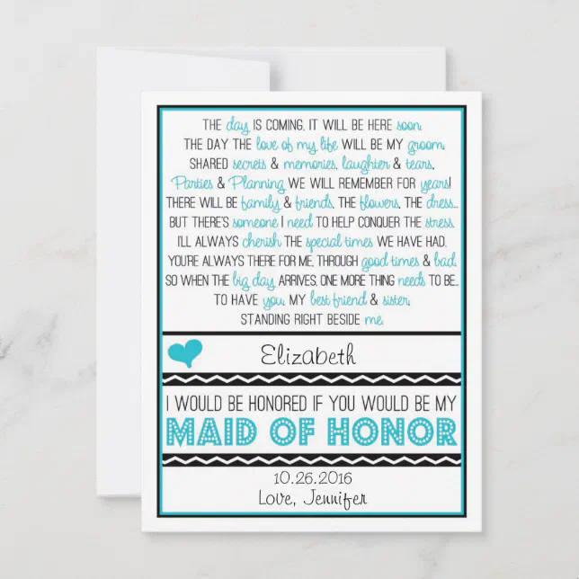 Will you be my Maid of Honor? Turquoise/Black Poem Invitation | Zazzle