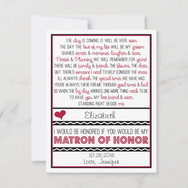 Will you be my Matron of Honor? Red/Black Poem Invitation | Zazzle