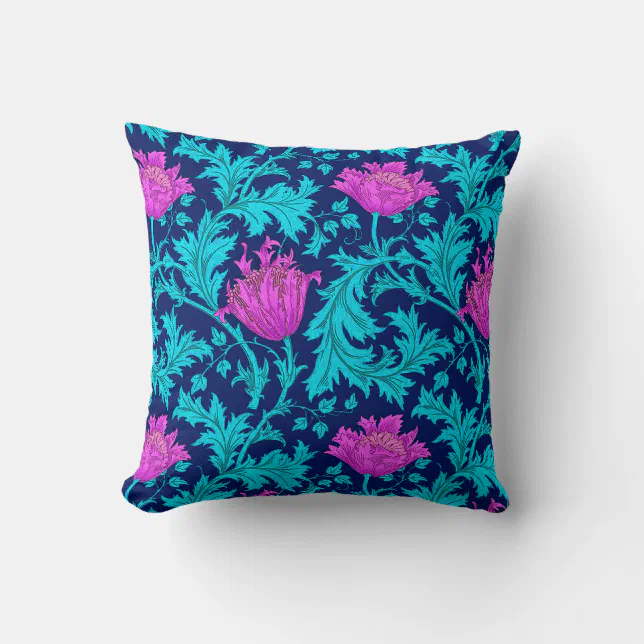 William Morris Anemone, Navy, Turquoise & Magenta Throw Pillow | Zazzle