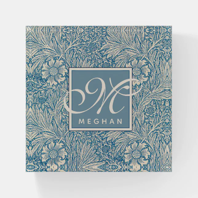 William Morris, Art Nouveau Blue Marigold Monogram Paperweight | Zazzle