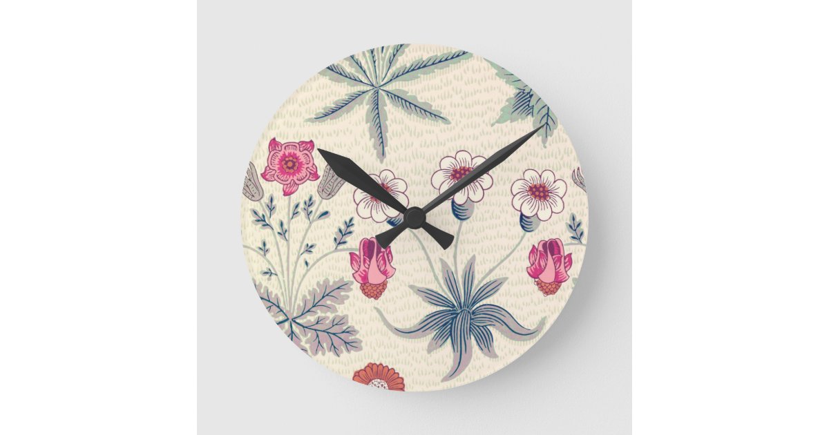 William Morris Daisy Floral Pattern Red Orange Round Clock | Zazzle