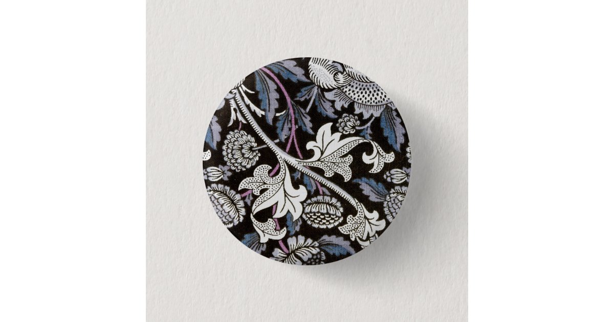 William Morris fabric black and white design Pinback Button | Zazzle