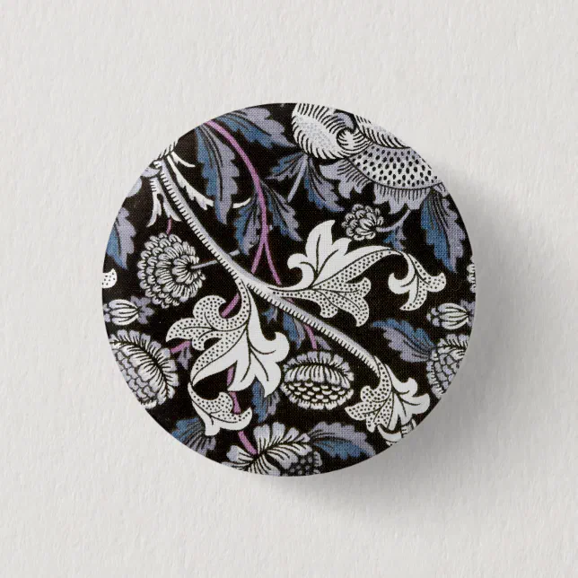 William Morris fabric black and white design Pinback Button | Zazzle