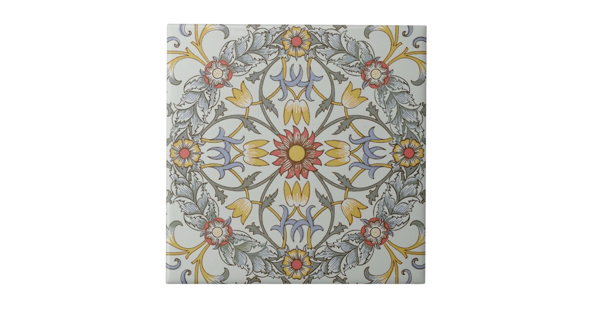 William Morris Floral Circle Flower Illustration Ceramic Tile | Zazzle