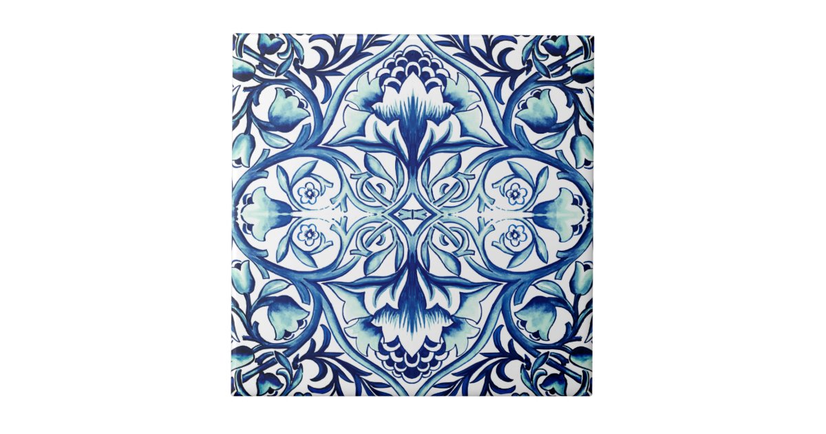 William Morris floral pattern. Vintage. Blue white Ceramic Tile | Zazzle