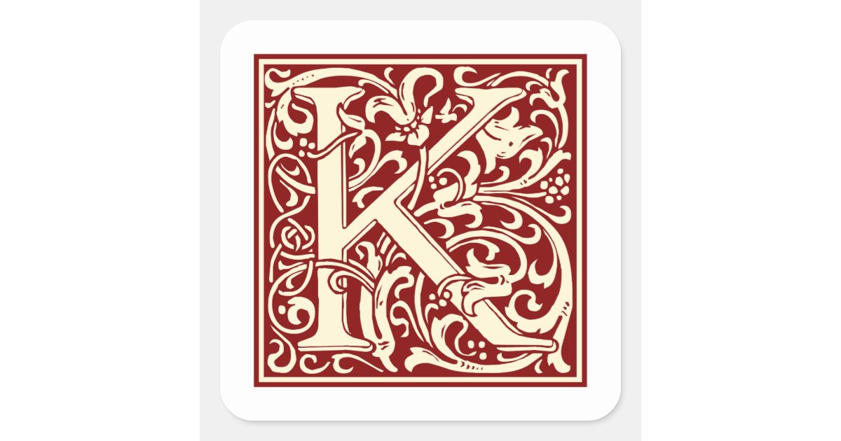 William Morris Letter K Monogram Initial Red Square Sticker | Zazzle