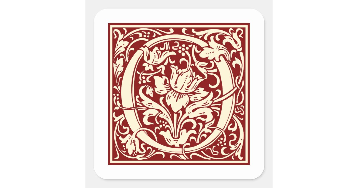 William Morris Letter O Monogram Initial Red Square Sticker | Zazzle