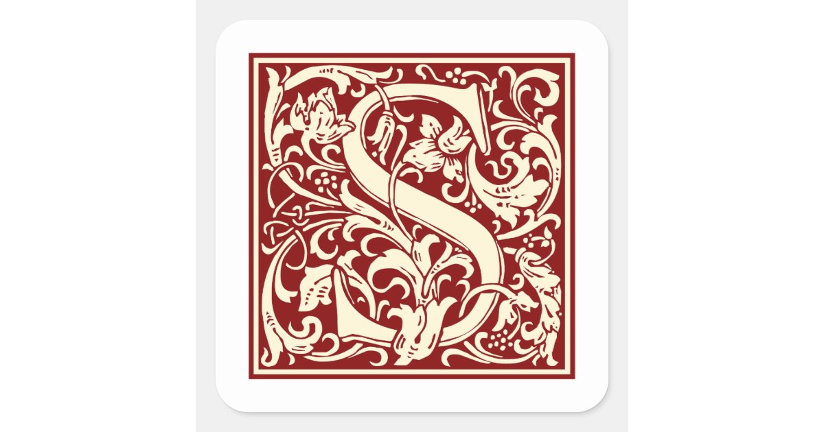 William Morris Letter S Monogram Initial Red Square Sticker | Zazzle
