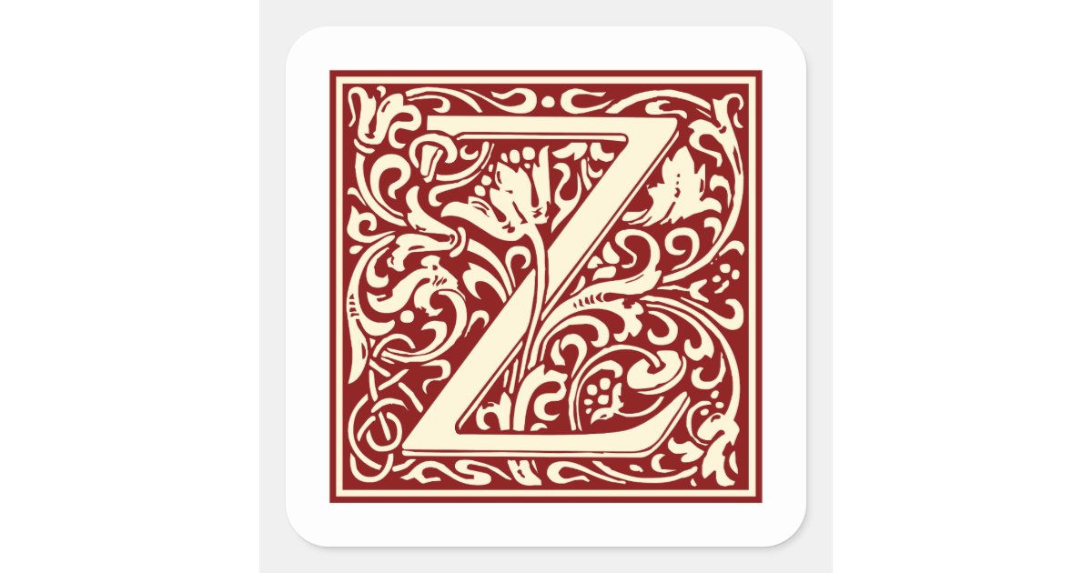 William Morris Letter Z Monogram Initial Red Square Sticker | Zazzle