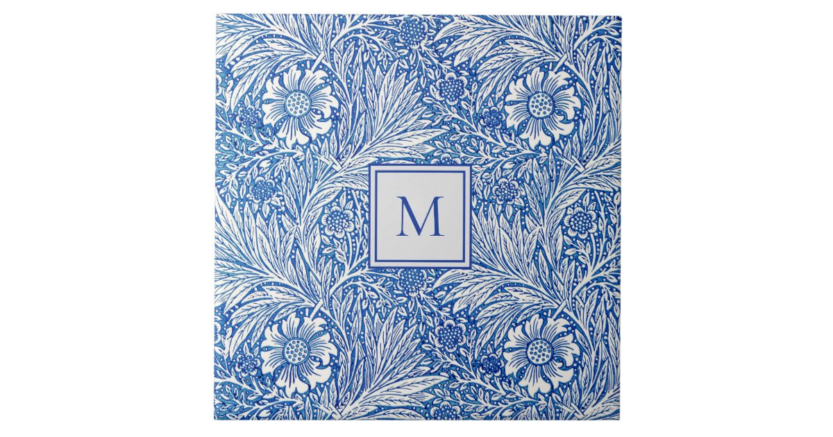 William Morris Marigold Blue Monogram Ceramic Tile | Zazzle