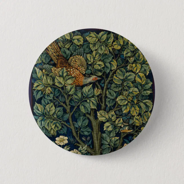 William Morris Pheasant Bird Tree Woodland Button | Zazzle