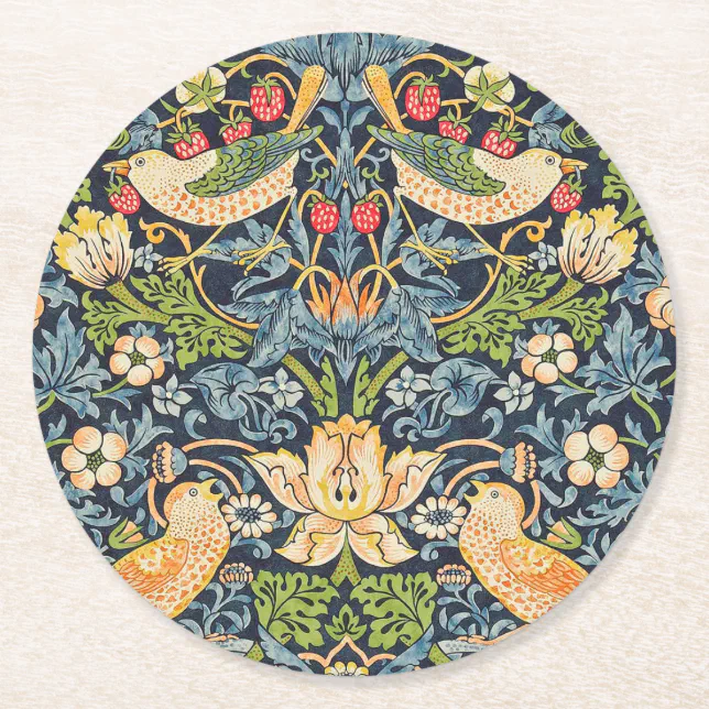 William Morris Strawberry Thief Floral Pattern Round Paper Coaster | Zazzle