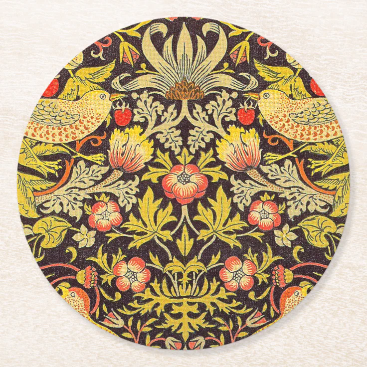 William Morris Strawberry Thief Pattern Round Paper Coaster | Zazzle