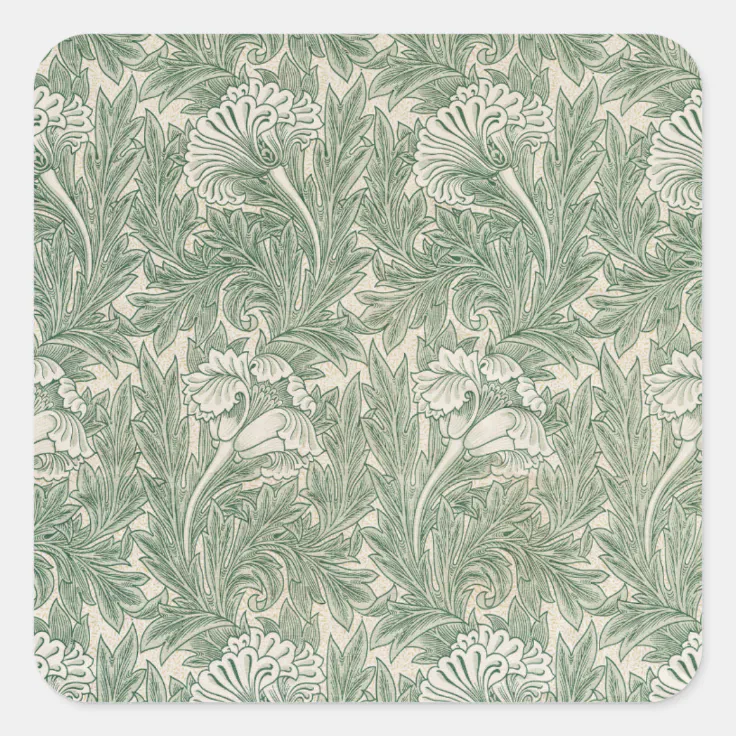 william morris tulip wallpaper textile green square sticker | Zazzle