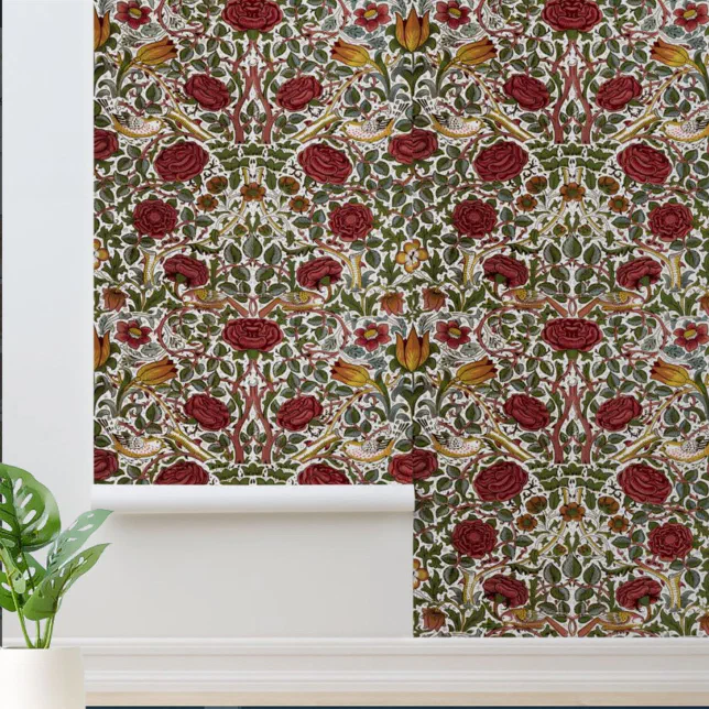 William Morris Vintage Rose & Bird Pattern Wallpaper | Zazzle